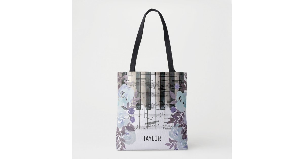 custom name blue flowers music notes piano tote bag | Zazzle