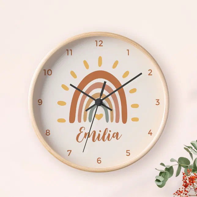 Custom Name Boho Earth Tone Rainbow Sun Clock | Zazzle