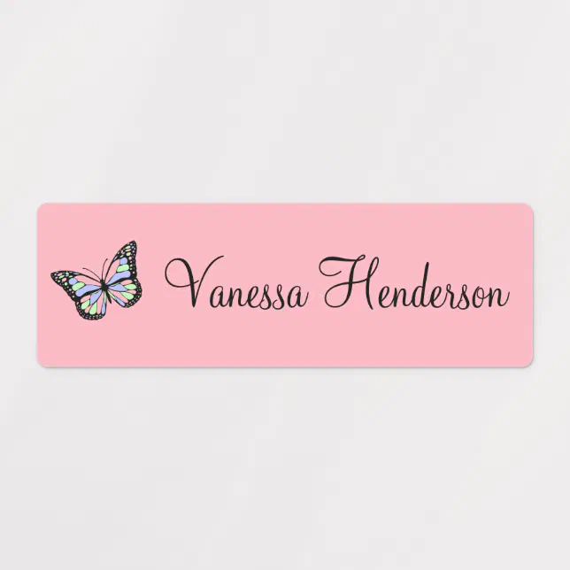 Custom Name | Butterfly on Pink Kids' Labels | Zazzle