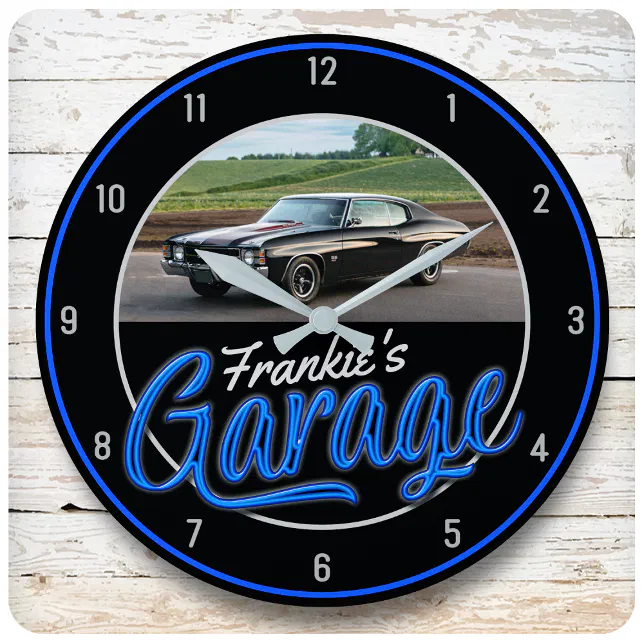 Custom NAME | CAR Photo Retro Neon Hot Rod Garage Large Clock | Zazzle