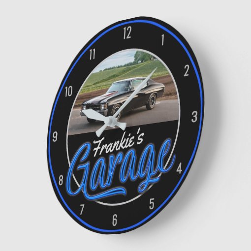 Custom NAME | CAR Photo Retro Neon Hot Rod Garage Large Clock | Zazzle