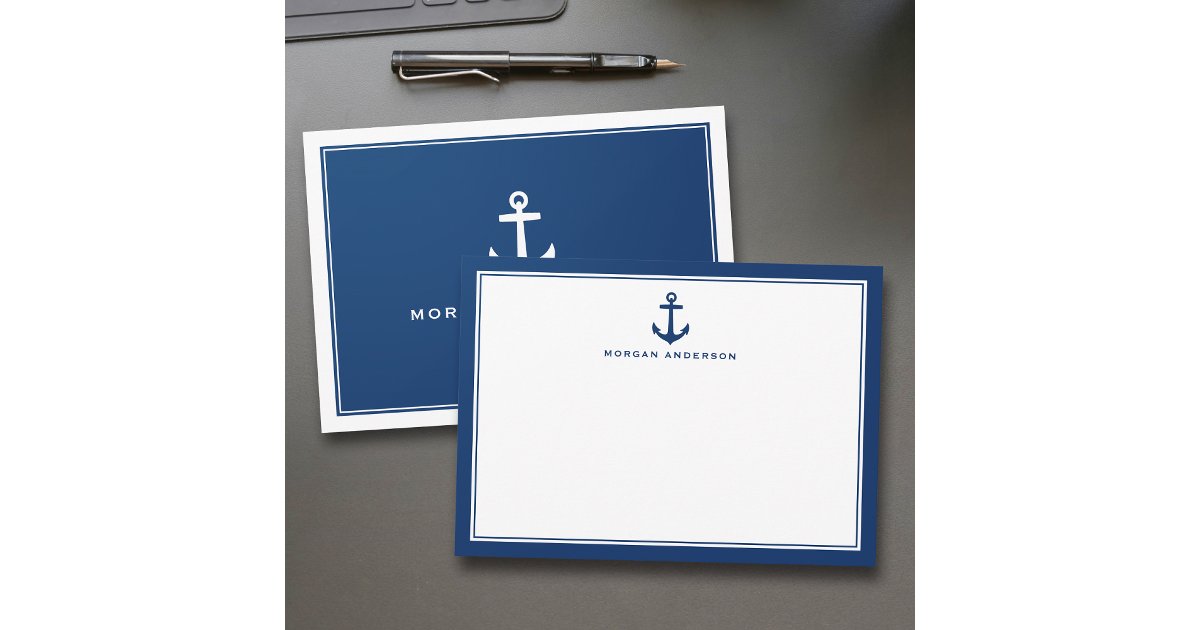 Custom Name Classic Boat Anchor Nautical Navy Blue Note Card | Zazzle