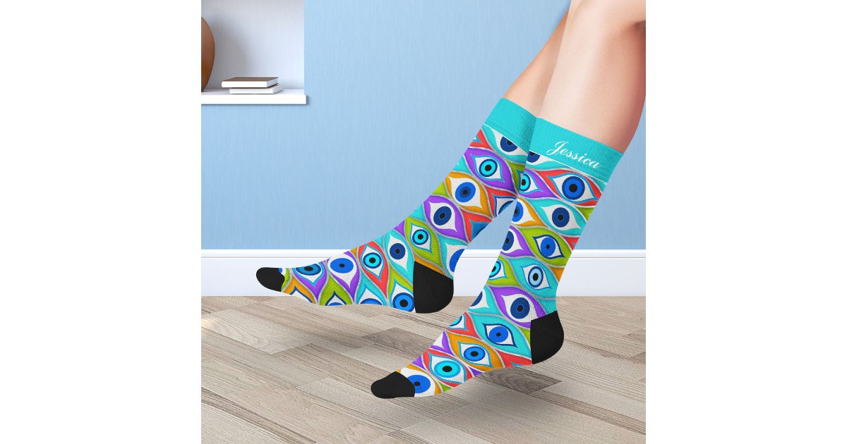 Custom name - Colorful Evil Eye pattern Socks | Zazzle
