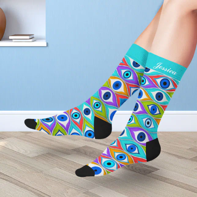 Custom name - Colorful Evil Eye pattern Socks | Zazzle