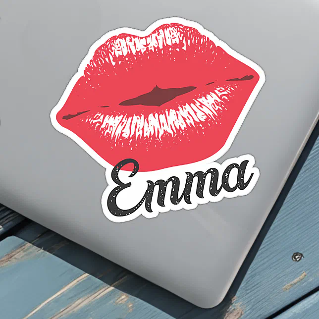 Custom Name Cool Red Lipstick Kissing Lips Kiss Sticker | Zazzle