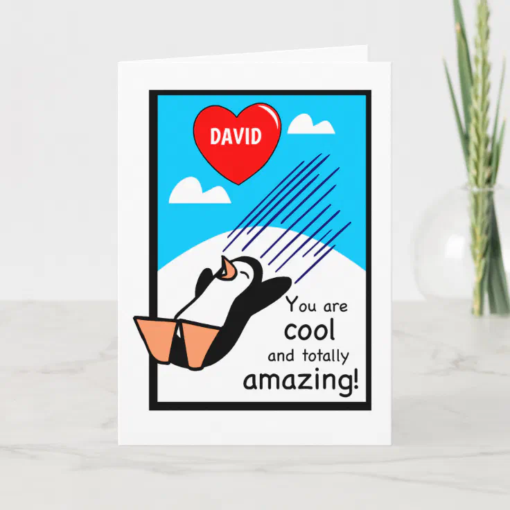 Custom Name Cool Valentine Penguin Card | Zazzle