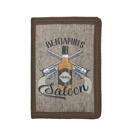 Custom NAME Cowboy Revolver Gun Whiskey Saloon Trifold Wallet | Zazzle.com