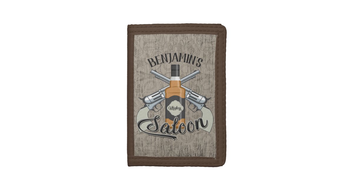Custom NAME Cowboy Revolver Gun Whiskey Saloon Trifold Wallet | Zazzle