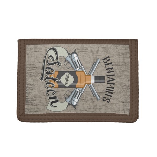 Custom NAME Cowboy Revolver Gun Whiskey Saloon Trifold Wallet | Zazzle