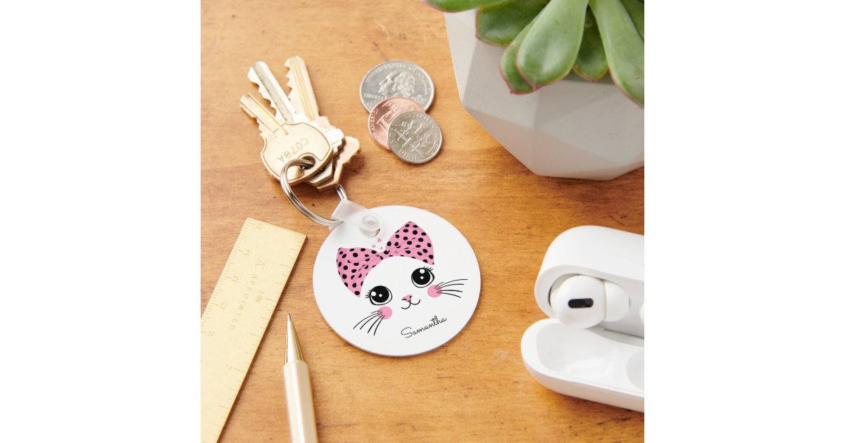 Custom Name Cute Cat Face Keychain | Zazzle