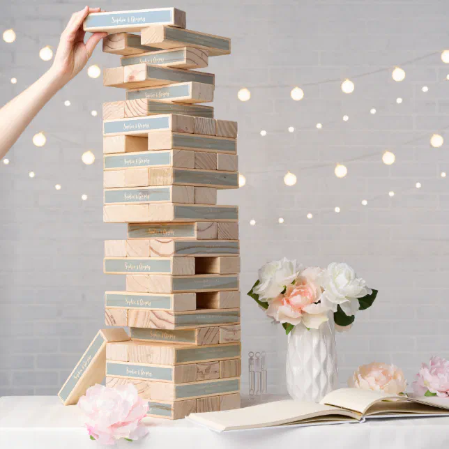 Custom Name Date Wedding Game Wooden Topple Tower | Zazzle