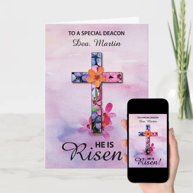 Custom Name Deacon Easter He is Risen Cross Card | Zazzle