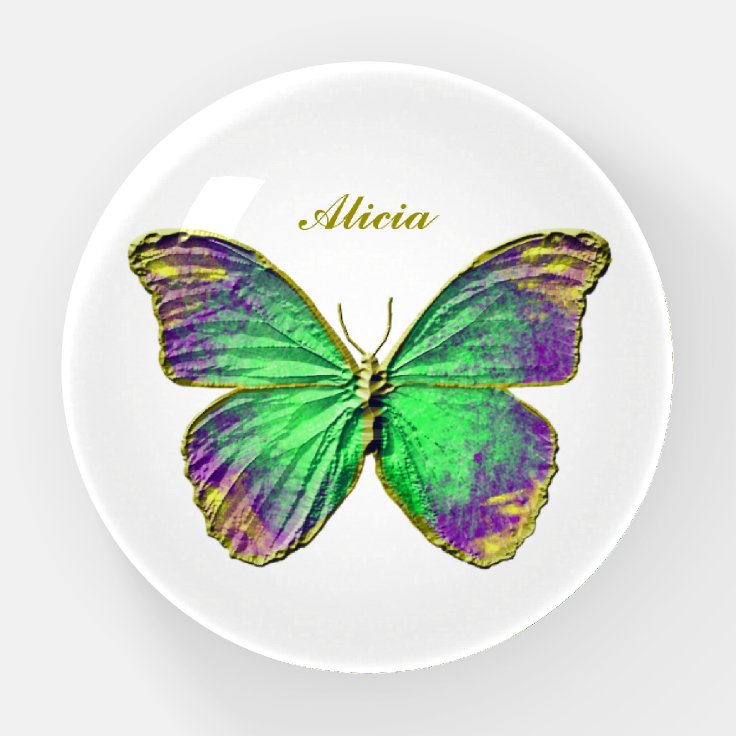 Custom Name Emerald Purple Gold Butterfly Paperweight | Zazzle