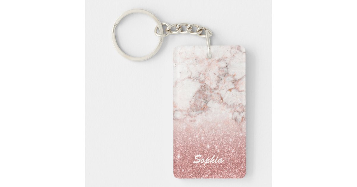 Custom Name Faux Rose Gold Glitter White Marble Keychain | Zazzle