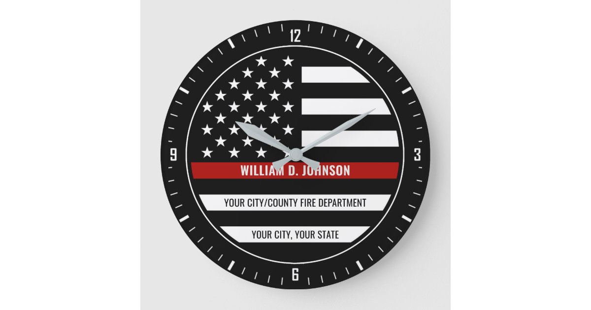 Custom NAME FireFighter Thin Red Line Fire Station Large Clock | Zazzle