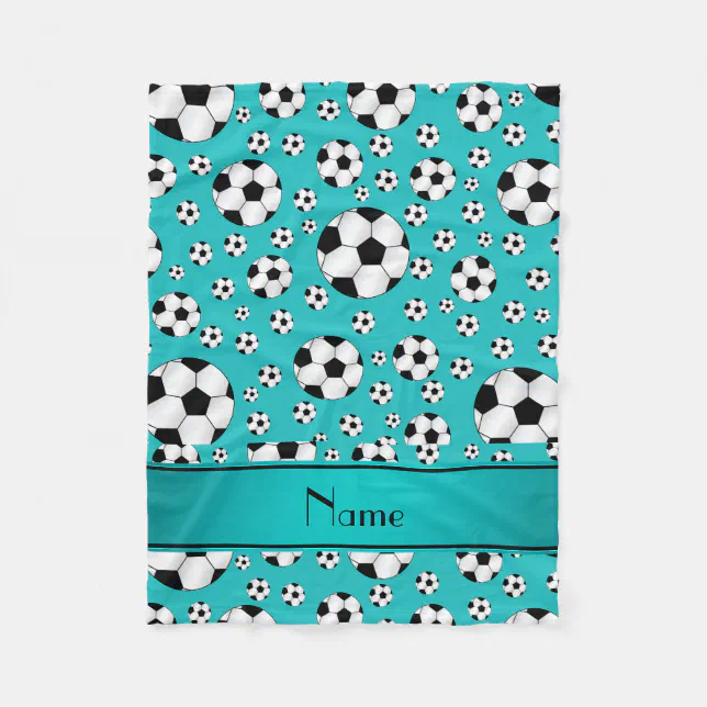 Custom name fun turquoise soccer balls and stripe fleece blanket | Zazzle