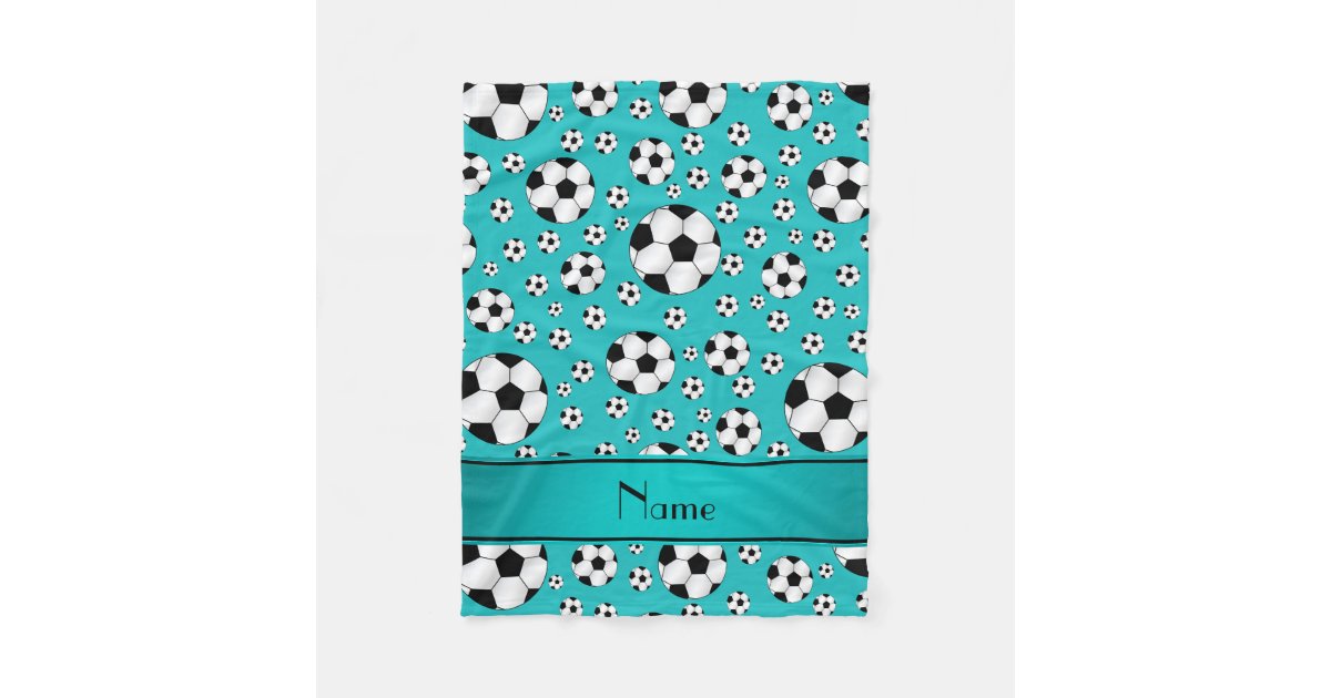 Custom name fun turquoise soccer balls fleece blanket | Zazzle