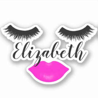 Custom Name Girly Lips and Lashes Pink Sticker | Zazzle
