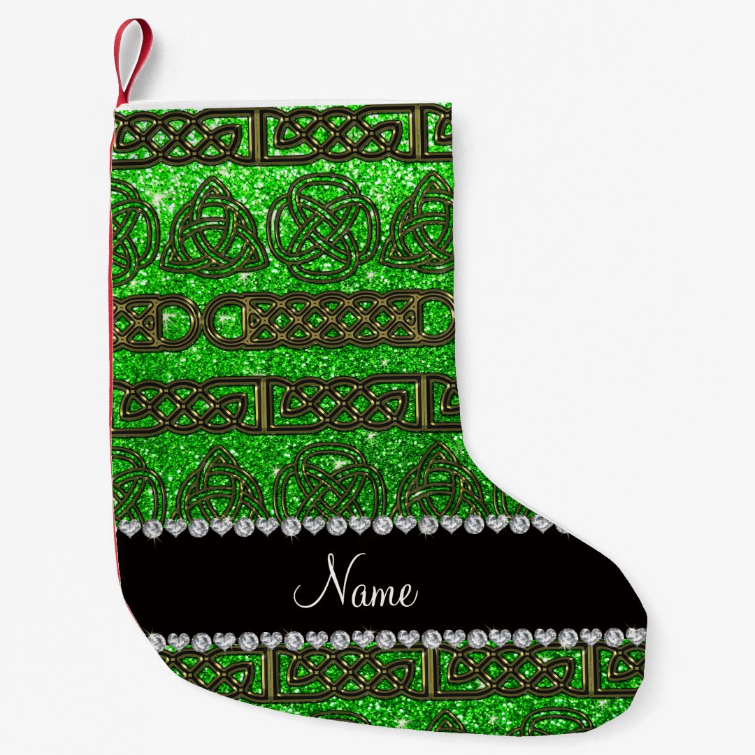 Custom name gold celtic lime green glitter small christmas stocking ...