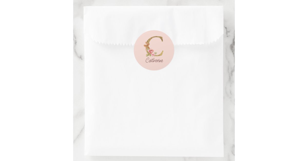 Custom Name Gold Foil Blush Pink Roses Letter C Classic Round Sticker ...