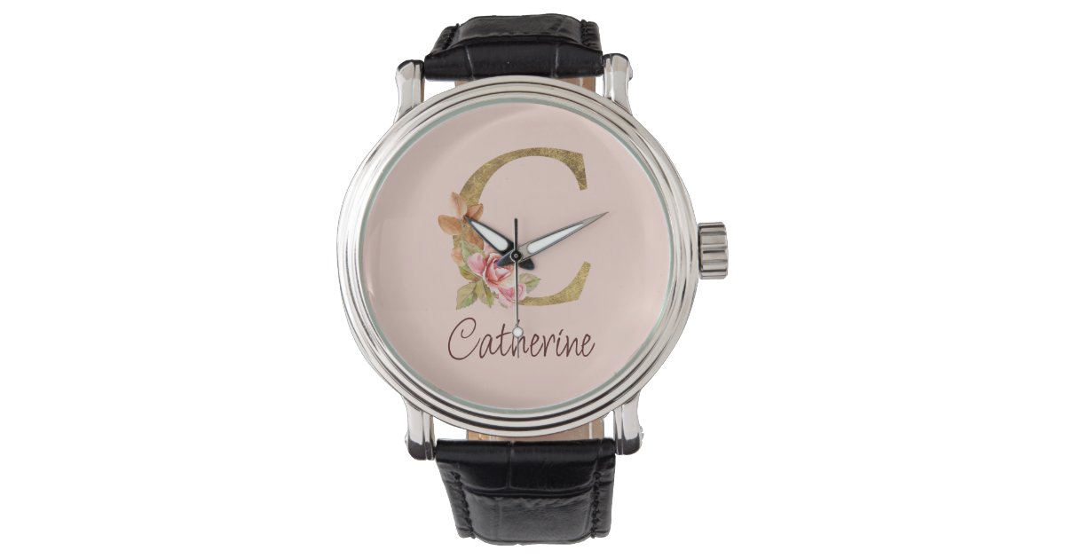 Custom Name Gold Foil Blush Pink Roses Letter C Watch | Zazzle