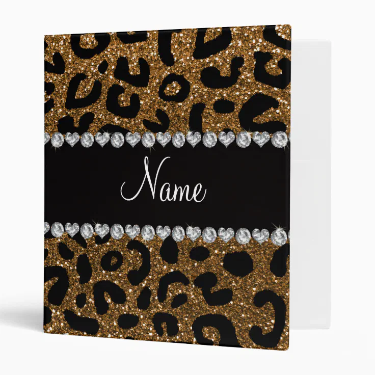 Custom name gold glitter cheetah print 3 ring binder | Zazzle