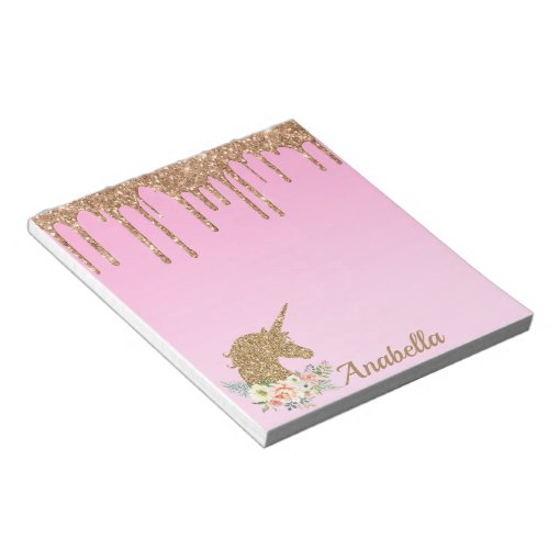 Custom Name Gold Glitter Drips Floral Unicorn Notepad | Zazzle
