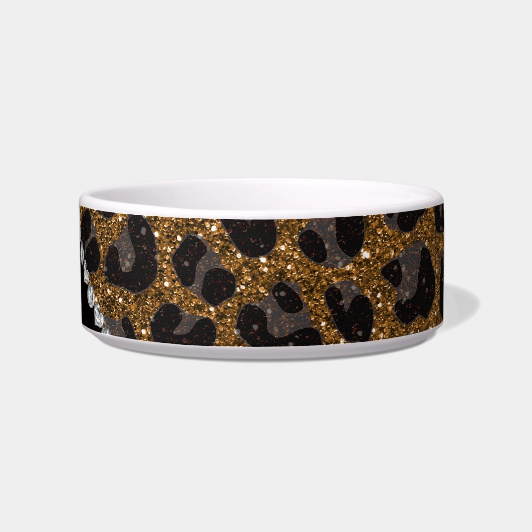 Custom name gold glitter leopard print bowl | Zazzle