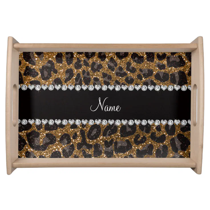 Custom name gold glitter leopard print serving tray | Zazzle