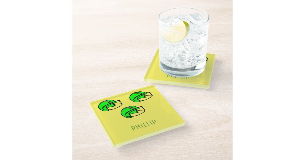 Custom name green football helmet yellow glass coaster | Zazzle