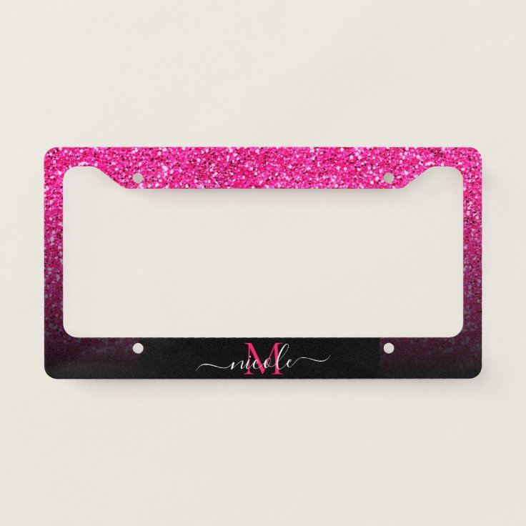 Custom Name Hot Pink Glitter and Matte Black Ombre License Plate Frame ...