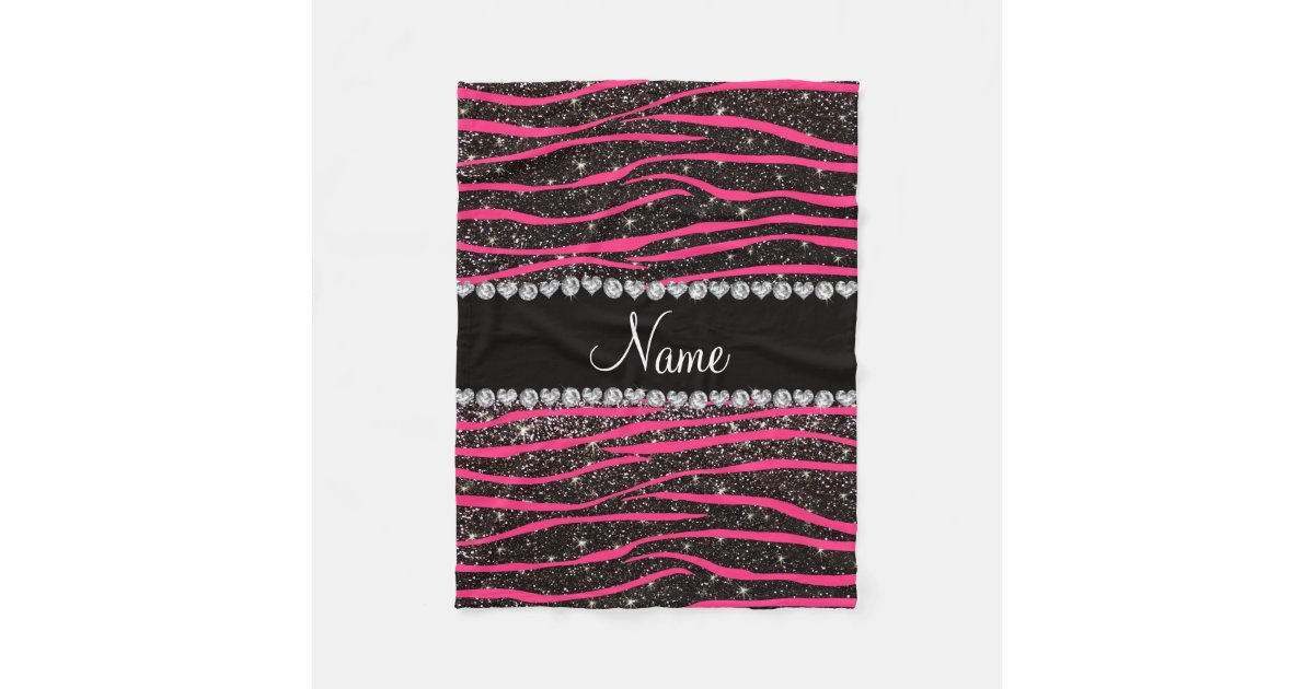 Custom name hot pink zebra stripes black glitter fleece blanket | Zazzle