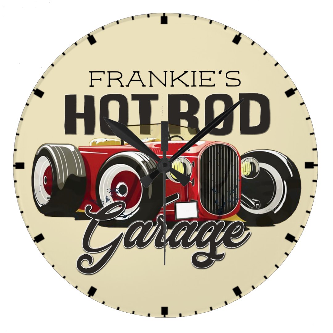 Custom NAME Hot Rod Garage Vintage Roadster Car Large Clock | Zazzle