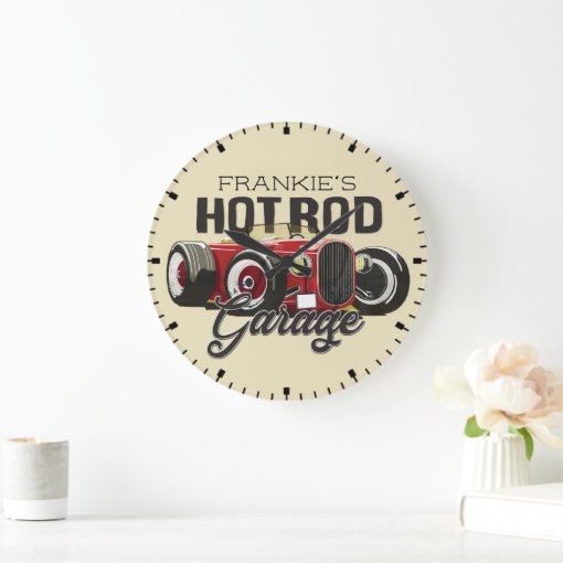 Custom NAME Hot Rod Garage Vintage Roadster Car Large Clock | Zazzle