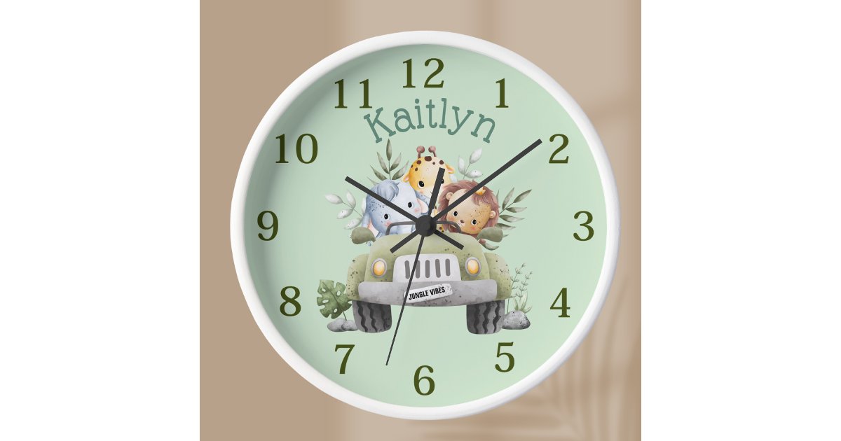 Custom Name Jungle Safari Animals Green Clock | Zazzle