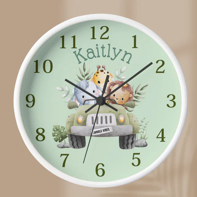 Custom Name Jungle Safari Animals Green Clock | Zazzle