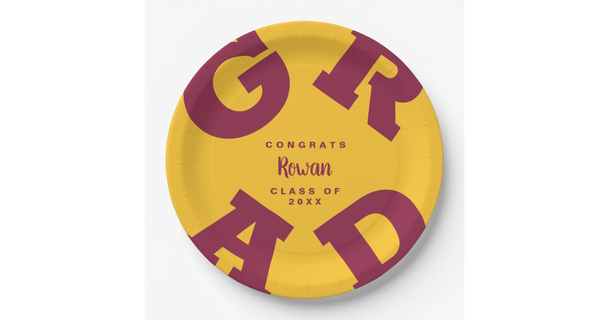 Custom Name Maroon and Gold Graduation Paper Plates | Zazzle