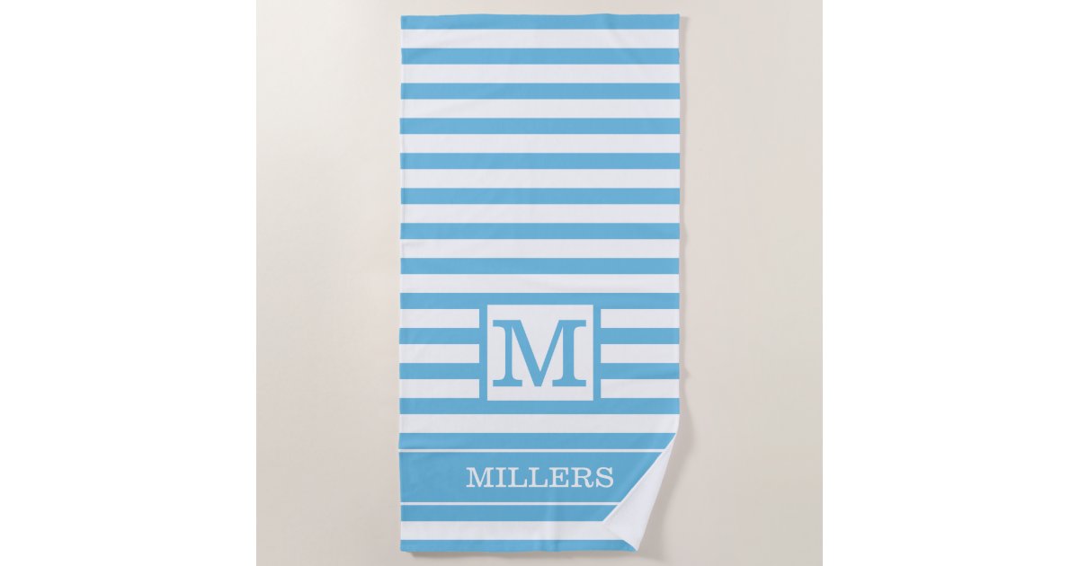 Custom Name Monogram Light Blue And White Striped Beach Towel | Zazzle