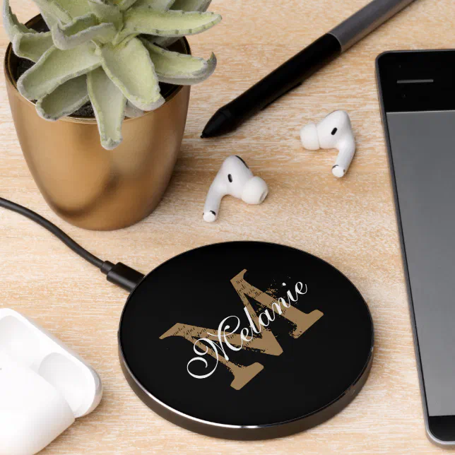 Custom Name Monogram Pretty Classy Script Black Wireless Charger | Zazzle