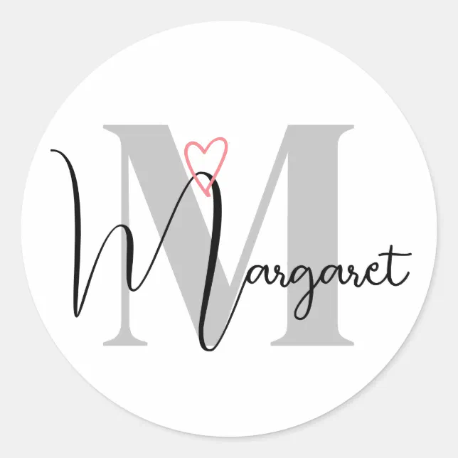 Custom Name Monogrammed Calligraphy Pink Heart Classic Round Sticker ...
