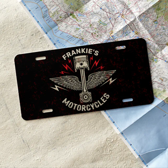 Custom NAME Motorcycle Piston Wings Biker Garage License Plate | Zazzle