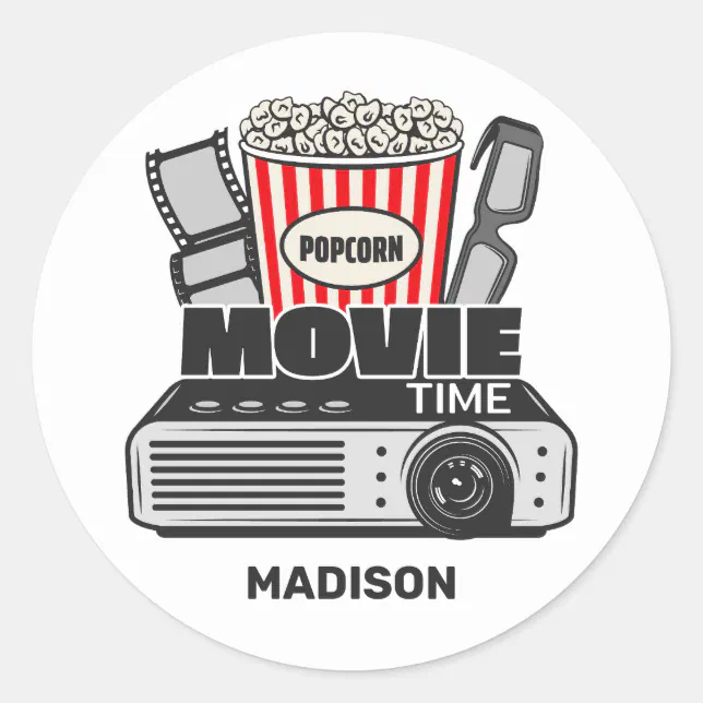Custom Name Movie Time Classic Round Sticker | Zazzle