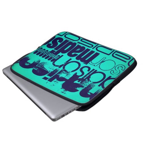 Custom Name; Navy Blue and Neon Aqua Turquoise Laptop Sleeve | Zazzle