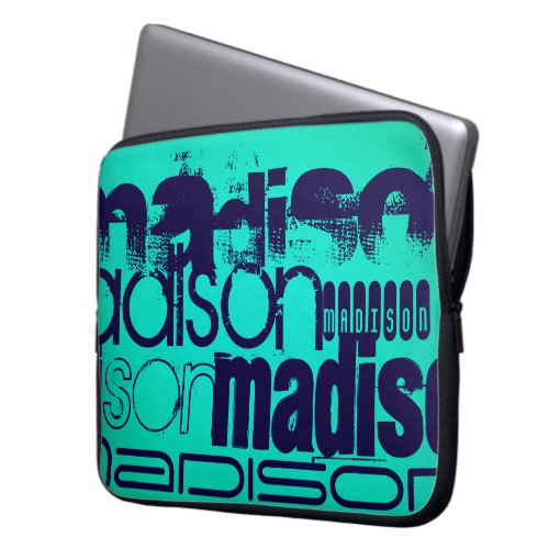 Custom Name; Navy Blue and Neon Aqua Turquoise Laptop Sleeve | Zazzle