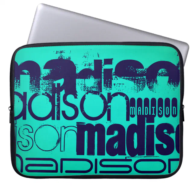Custom Name; Navy Blue and Neon Aqua Turquoise Laptop Sleeve | Zazzle
