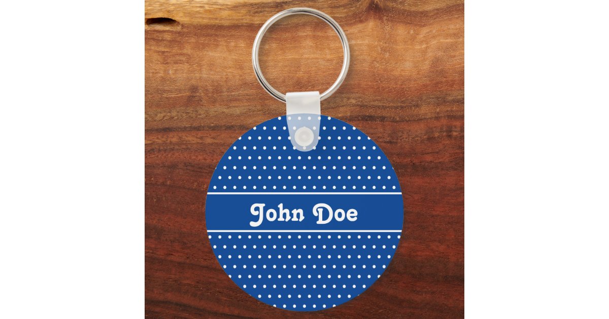 Custom Name Navy Blue Polka Dot Keychain | Zazzle