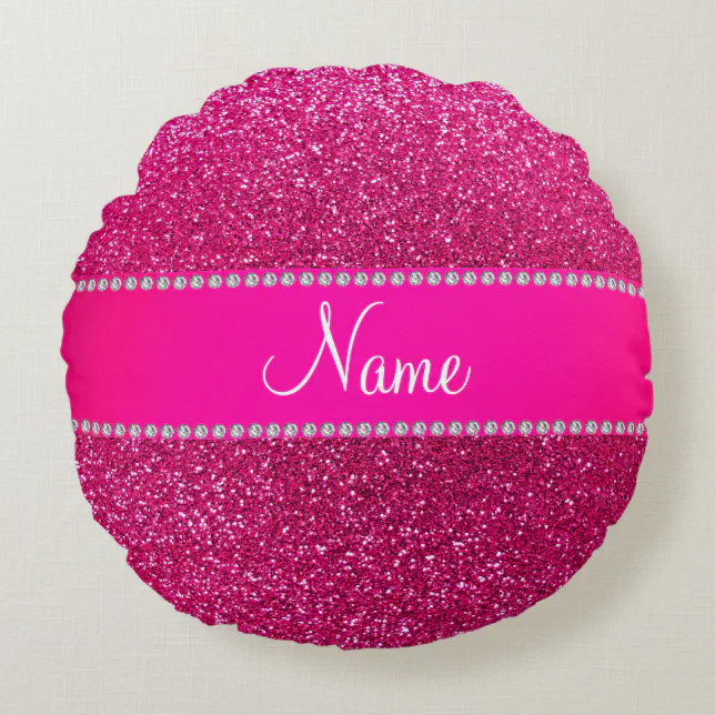 Custom name neon hot pink glitter hot pink stripe round pillow | Zazzle