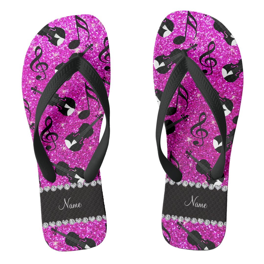 Custom name neon pink glitter violins music notes flip flops | Zazzle