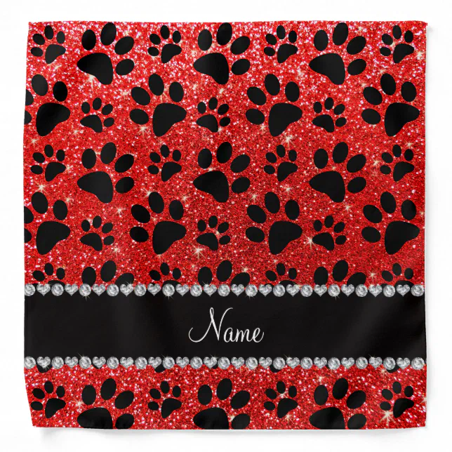 Custom name neon red glitter black dog paws bandana | Zazzle