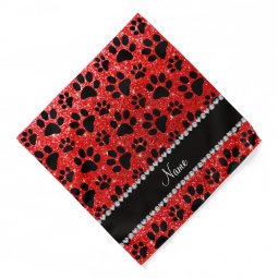 Custom name neon red glitter black dog paws bandana | Zazzle